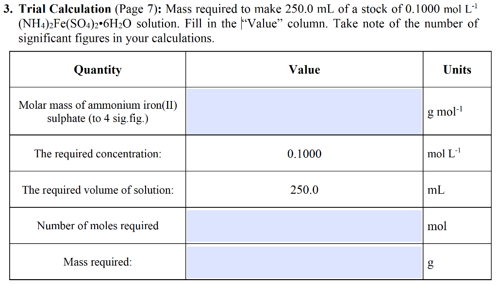 Solved Trial Calculation (Page 7): Mass required to make | Chegg.com
