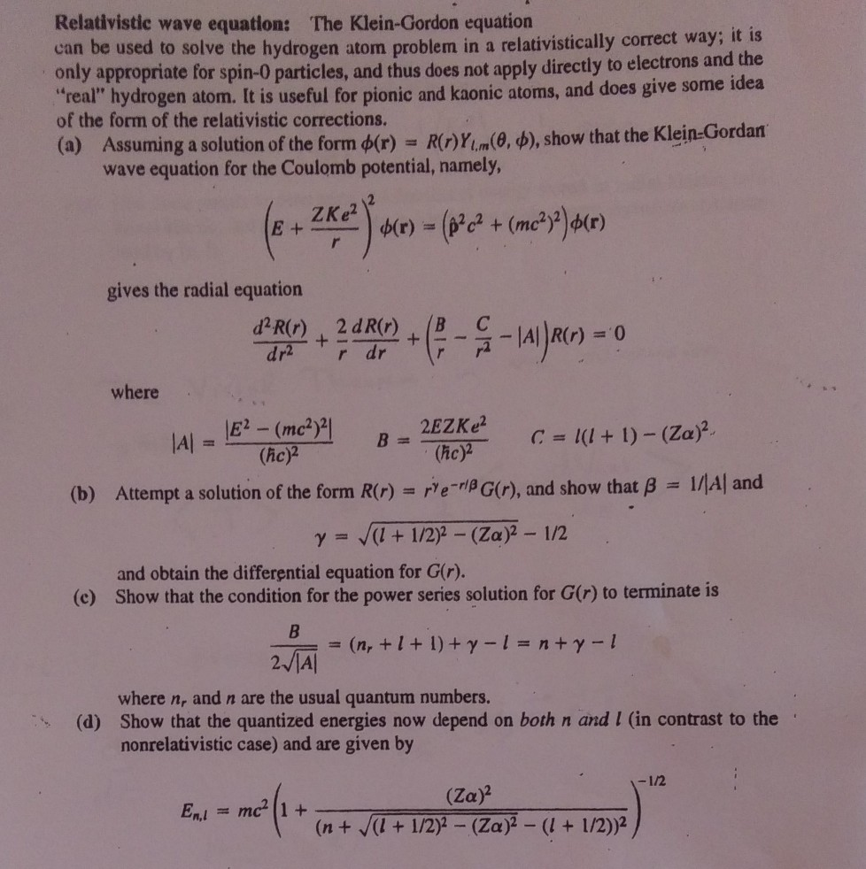 Relativistic wave equation: The Klein-Gordon equation | Chegg.com