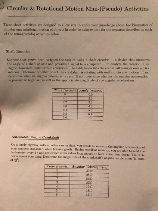 Solved Circular & Rotational Motion Mini-(Pseudo) Activities | Chegg.com