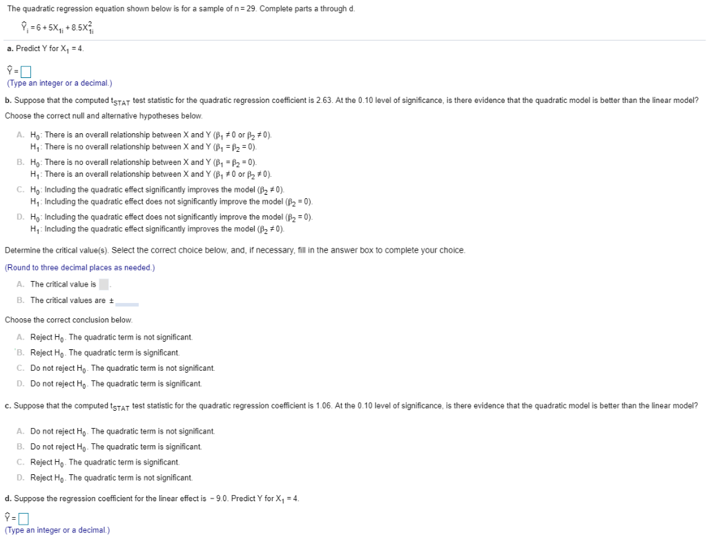 Solved The quadratic regression equation shown below is for | Chegg.com