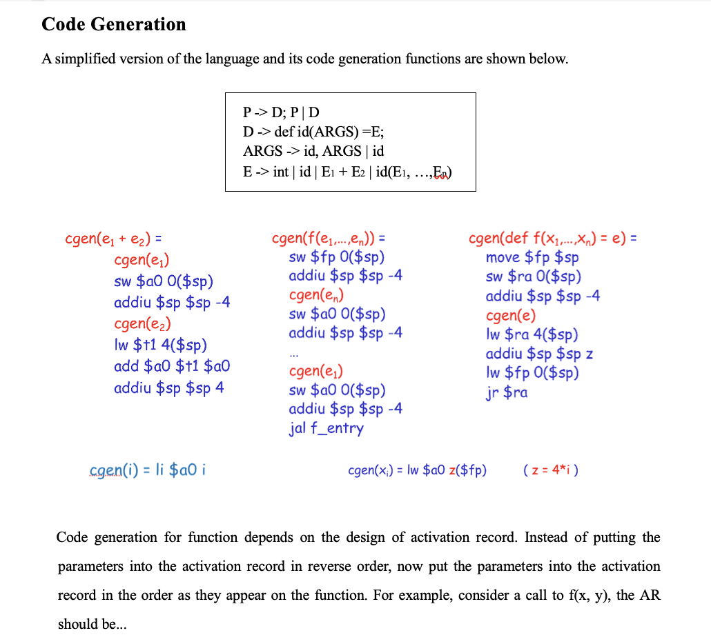 Solved Code Generation A simplified version of the language | Chegg.com
