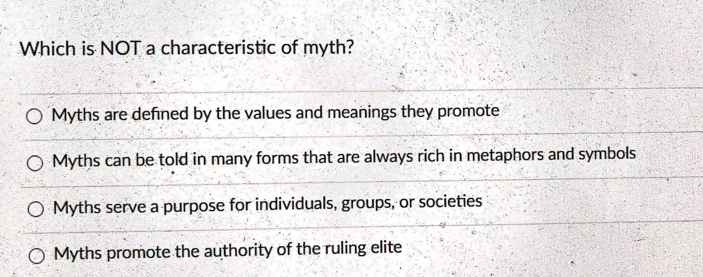 Solved Which is NOT a characteristic of myth? O Myths are | Chegg.com