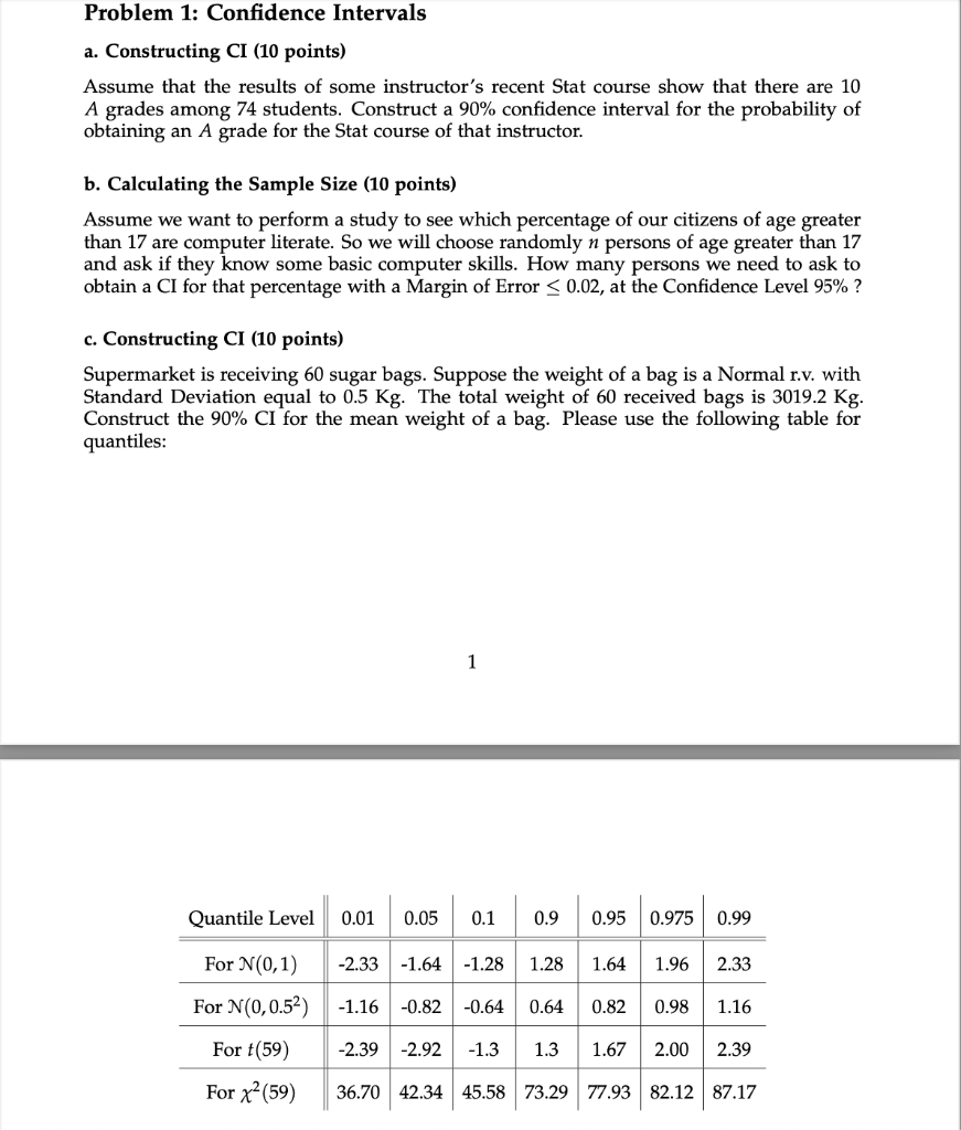 Solved Problem 1: Confidence Intervals a. Constructing CI | Chegg.com