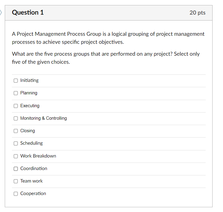 Solved Question 1 20 pts A Project Management Process Group | Chegg.com
