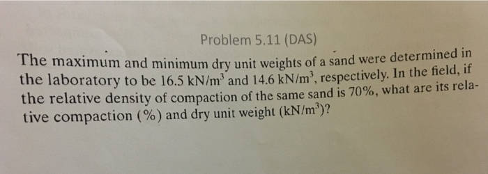 Solved Problem 5.11 (DAS) ximum and minimum dry unit weights | Chegg.com