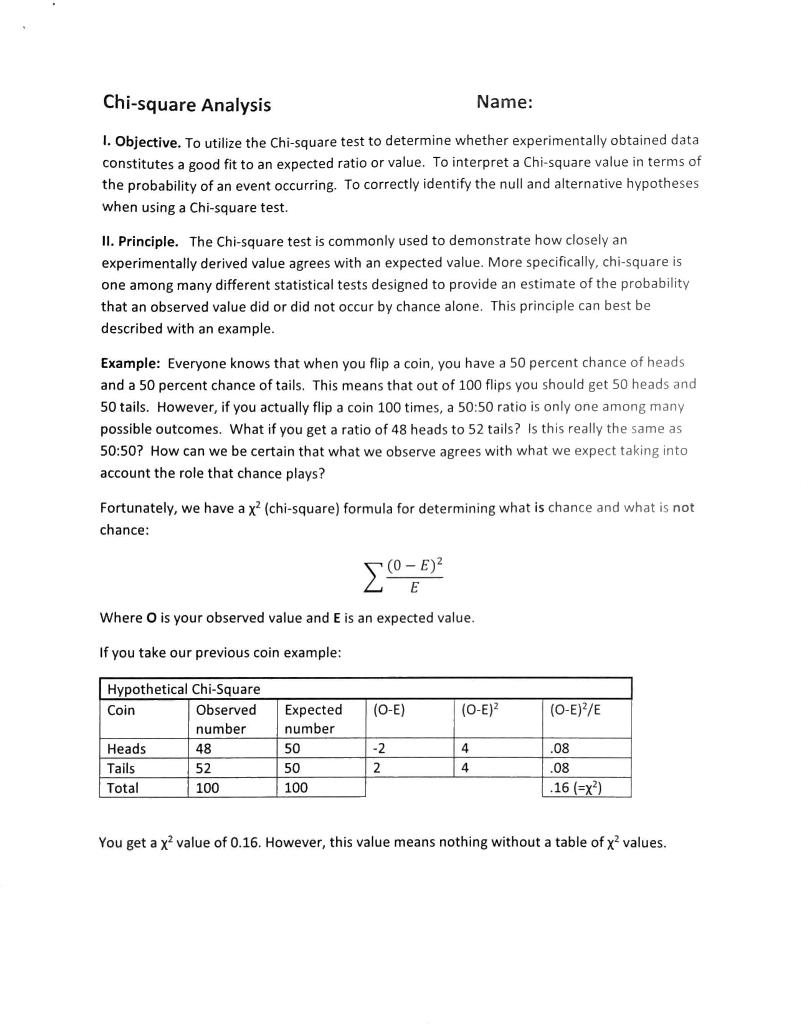 Solved Chi-square Analysis Name: I. Objective. To utilize | Chegg.com