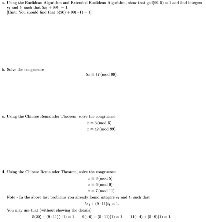 Solved a. Using the Euclidean Algorithm and Extended | Chegg.com