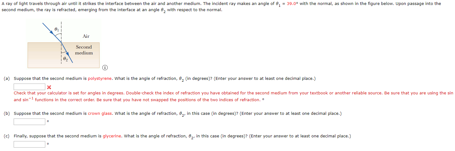 Solved A ray of light travels through air until it strikes | Chegg.com