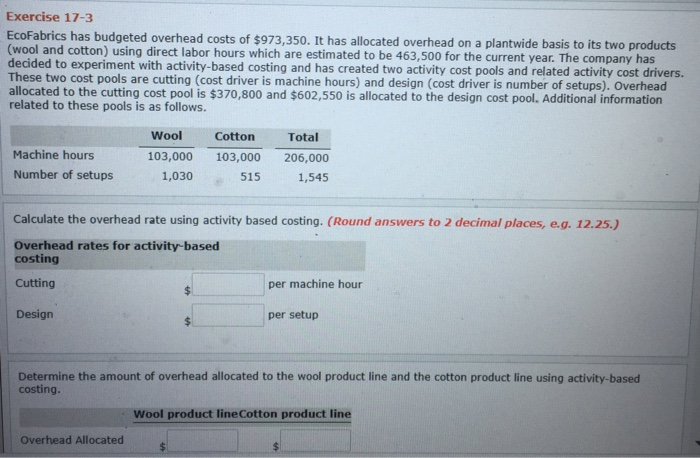 Solved Exercise 17-3 EcoFabrics has budgeted overhead costs | Chegg.com