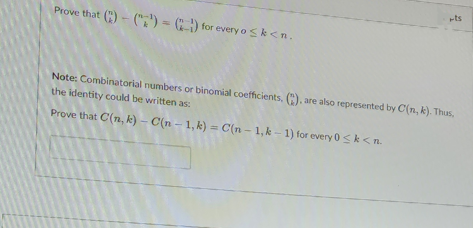 Solved Prove that (nk)−(n−1k)=(n−1k−1) for every o≤k | Chegg.com