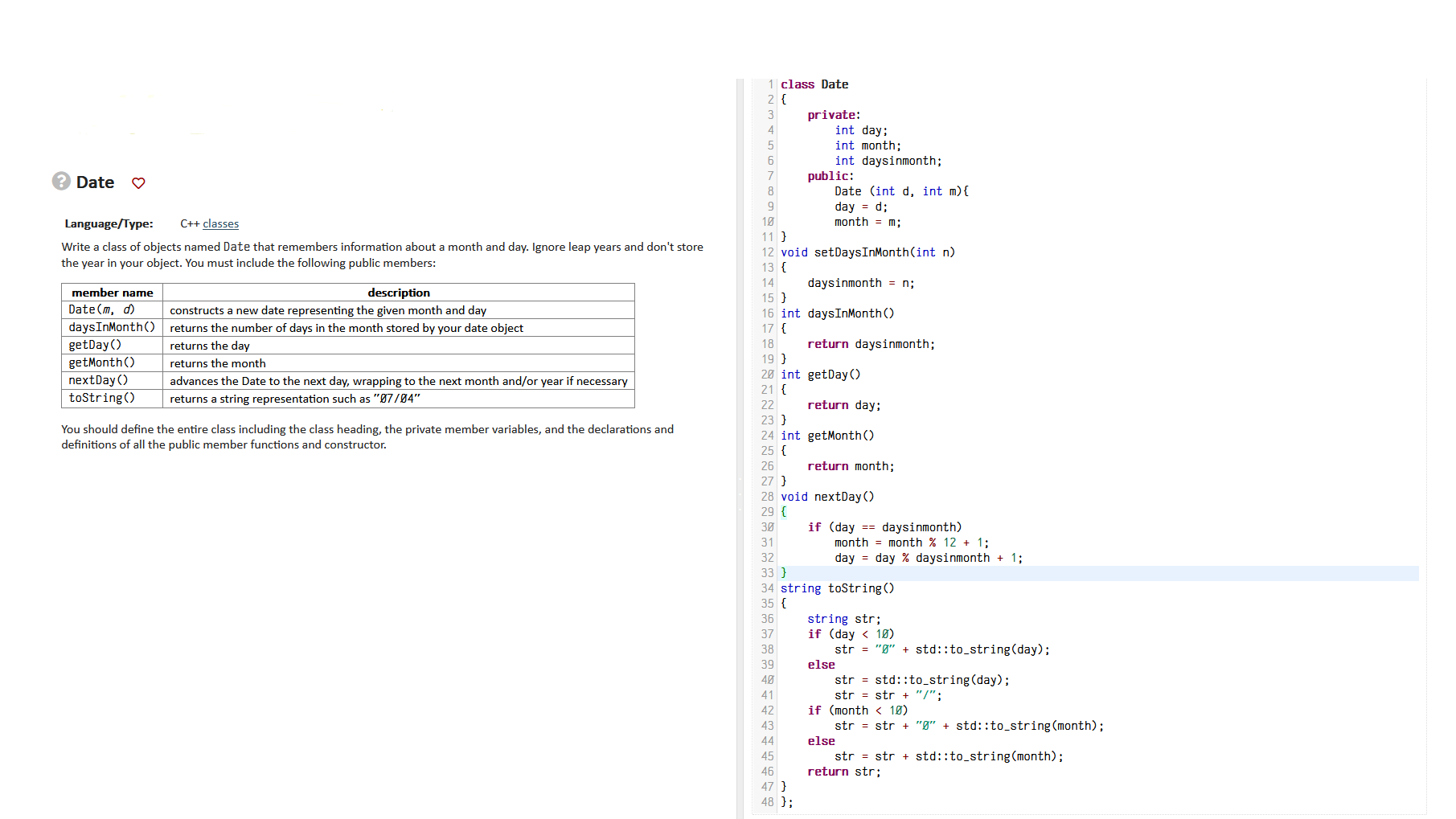 Date ♡ Language/Type: C++ classes Write a class of | Chegg.com