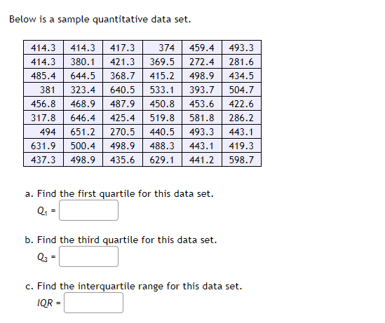 Solved Below is a sample quantitative data set.a. ﻿Find the | Chegg.com
