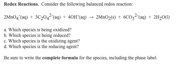 Solved Redox Reactions. Consider the following balanced | Chegg.com