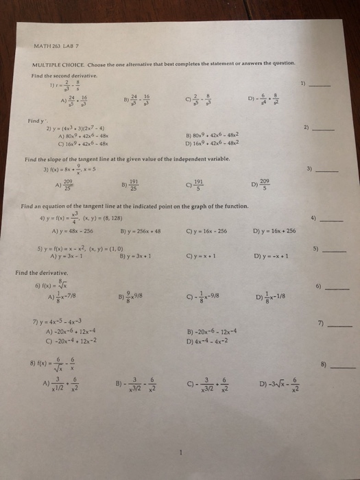 Solved MATH 263 LAB7 MULTIPLE CHOICE Choose the one | Chegg.com