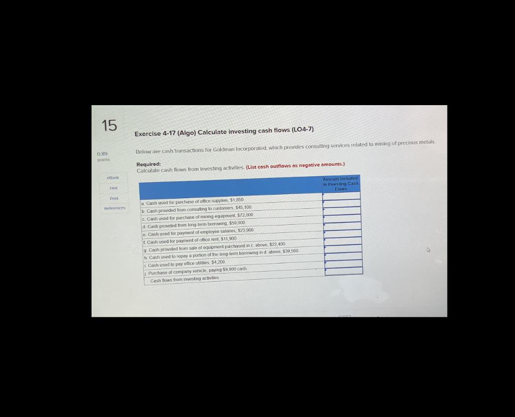 Solved Exercise 4-17 (Algo) Calculate investing cash flows | Chegg.com