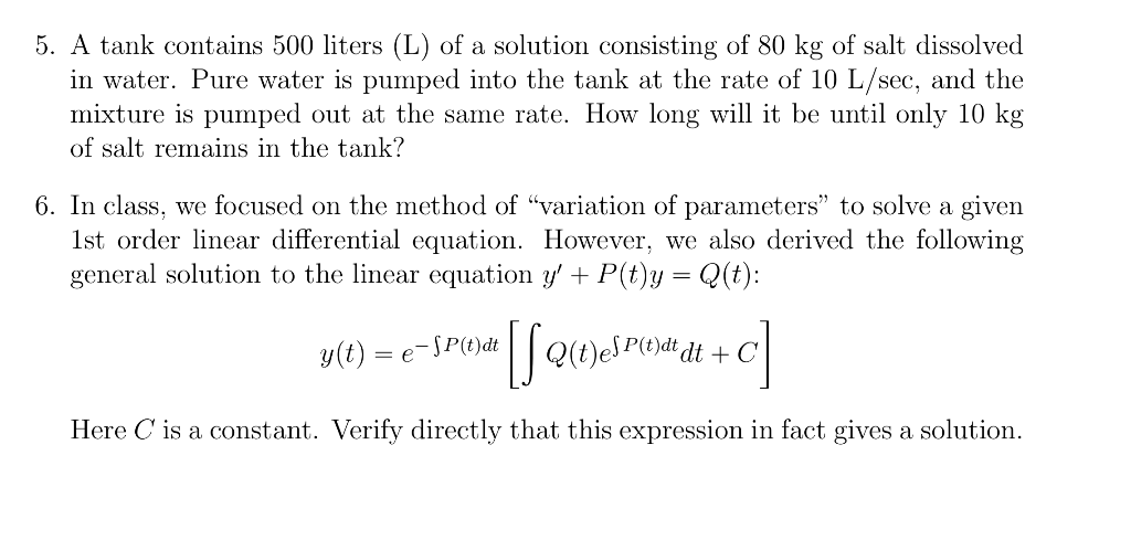 Solved 5. A tank contains 500 liters (L) of a solution | Chegg.com