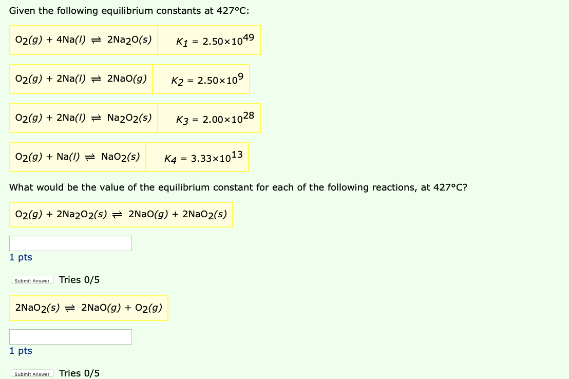 Solved Given the following equilibrium constants at 427°C: | Chegg.com