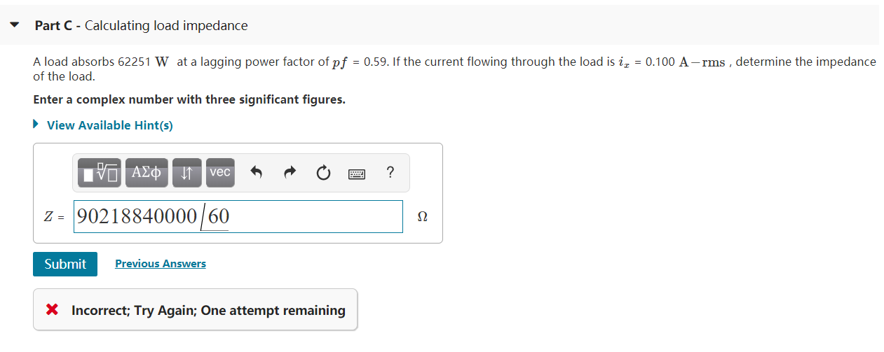 Solved Part C - Calculating load impedance A load absorbs | Chegg.com