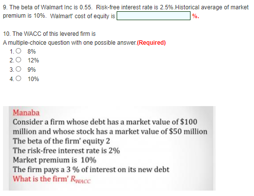 Solved 9. The beta of Walmart Inc is 0.55. Risk-free | Chegg.com