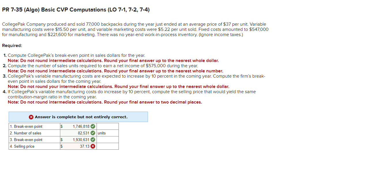 Solved PR 7.35 (Algo) ﻿Basic CVP Computations (LO | Chegg.com