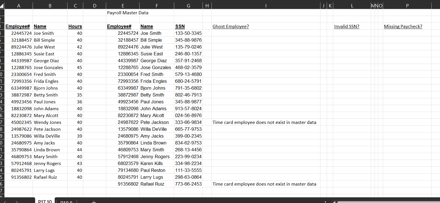 Solved In column P, titled “Missing Paycheck?” write a | Chegg.com