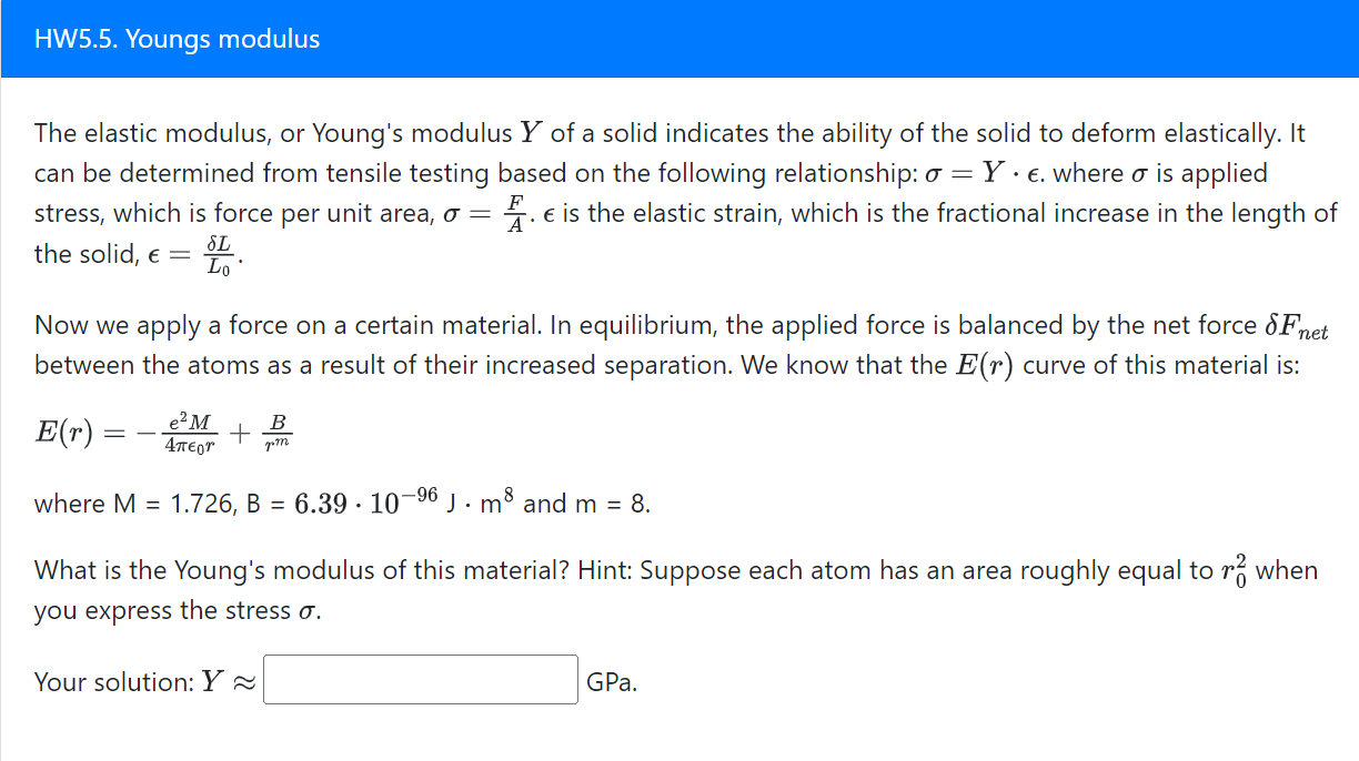 Solved The elastic modulus, or Young's modulus Y of a solid | Chegg.com