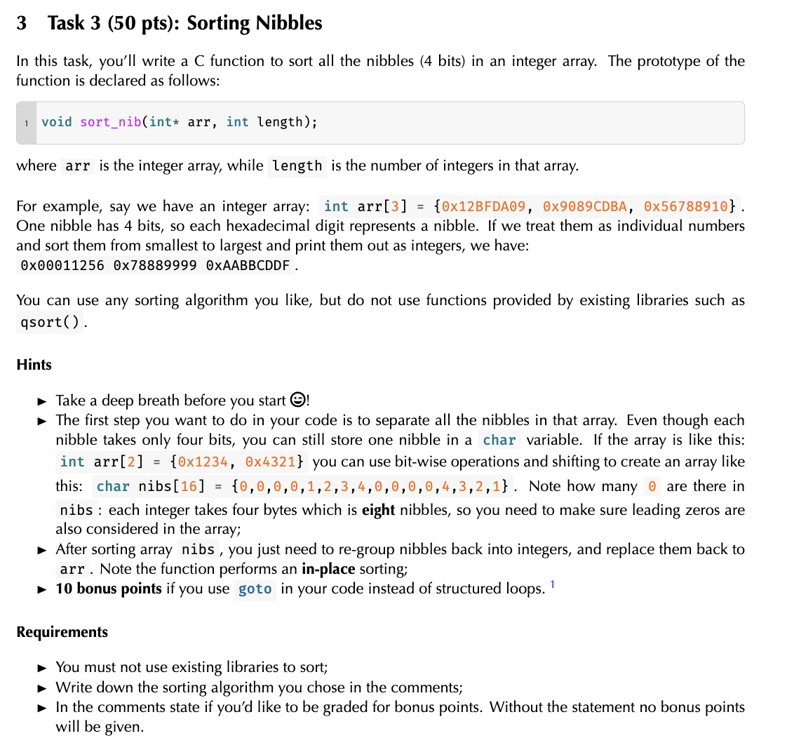 Solved In Cvoid sort_nib(int *arr, int length){/* Your code | Chegg.com