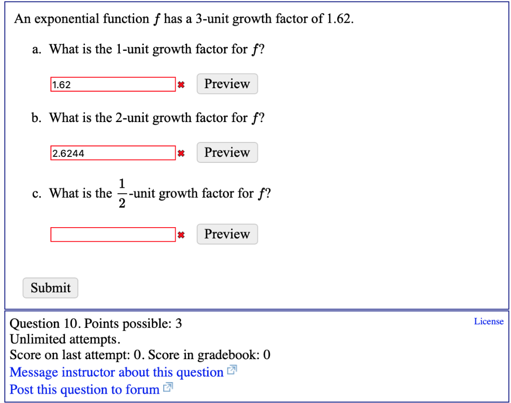 Solved An exponential function f has a 3-unit growth factor | Chegg.com