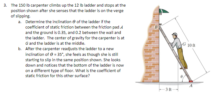 Solved 3. The 150lb carpenter climbs up the 12lb ladder and | Chegg.com