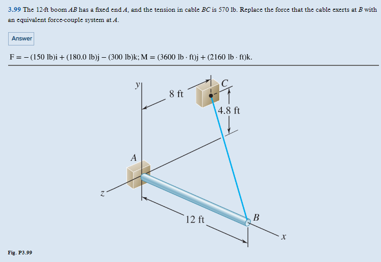 Solved 3.99 The 12 -ft boom AB has a fixed end A, and the | Chegg.com