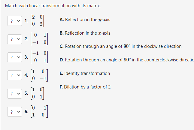 Solved Match each linear transformation with its matrix. 1. | Chegg.com
