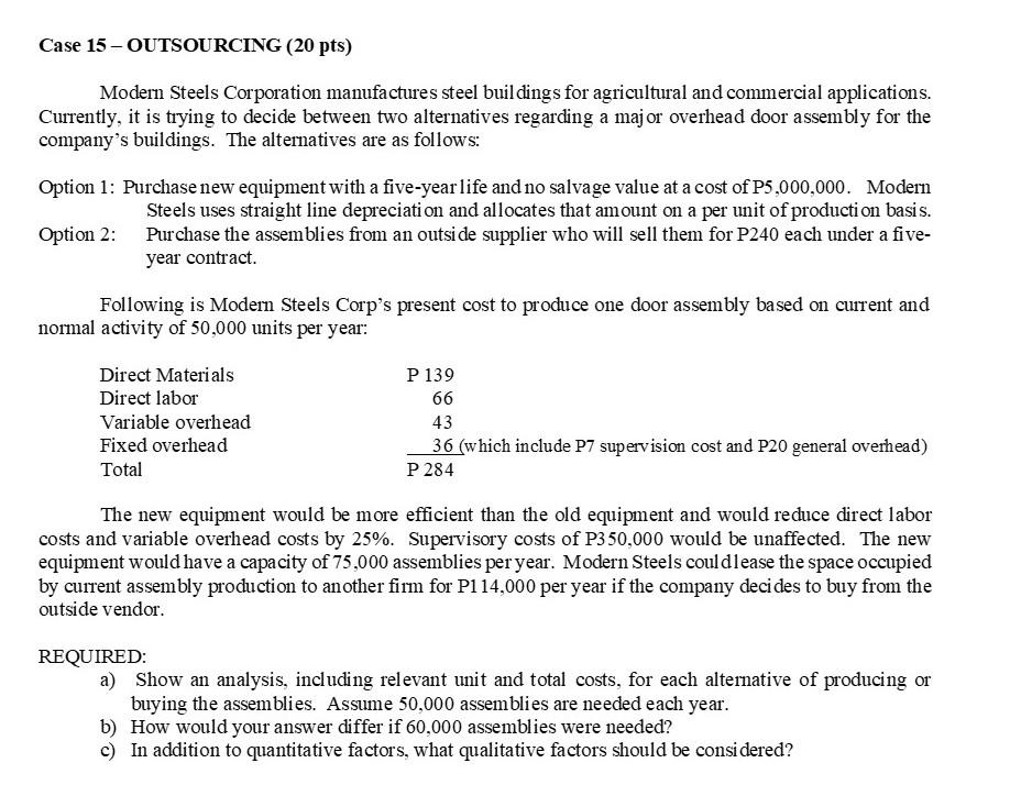 Case 15 - OUTSOURCING (20 pts) Modern Steels | Chegg.com