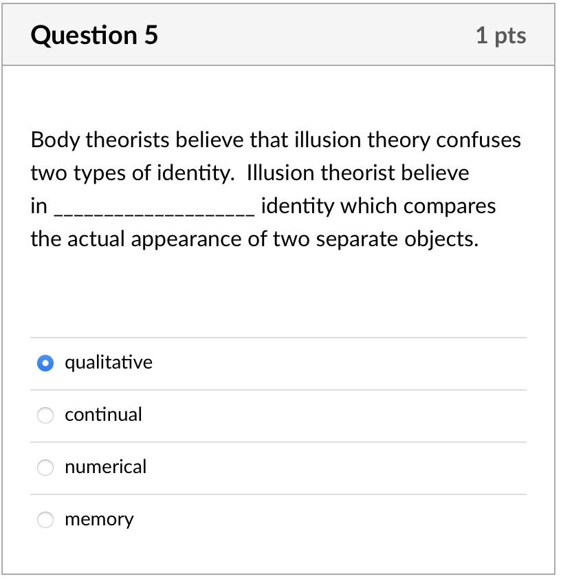 Solved Question 5 1 pts Body theorists believe that illusion | Chegg.com