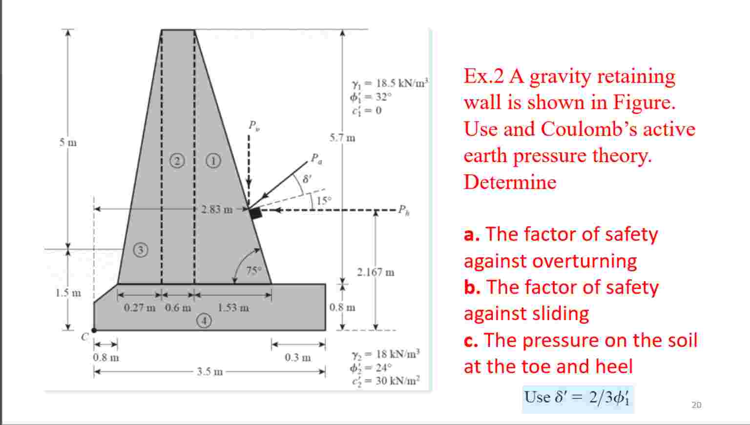 [Solved]: Ex. 2 A gravity retaining wall is shown in Figure.