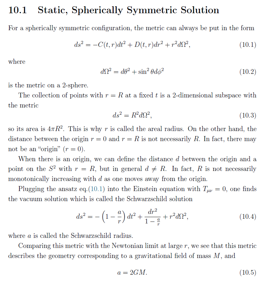 10.1 Static, Spherically Symmetric Solution For a | Chegg.com