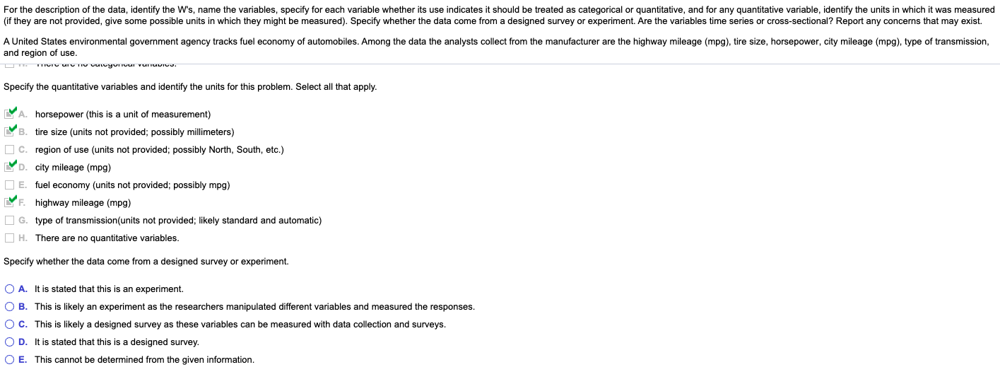 Solved For the description of the data, identify the W's, | Chegg.com