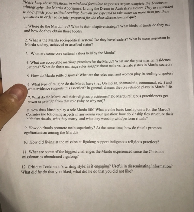Questions on the book- The Mardu Aborgines: Living | Chegg.com