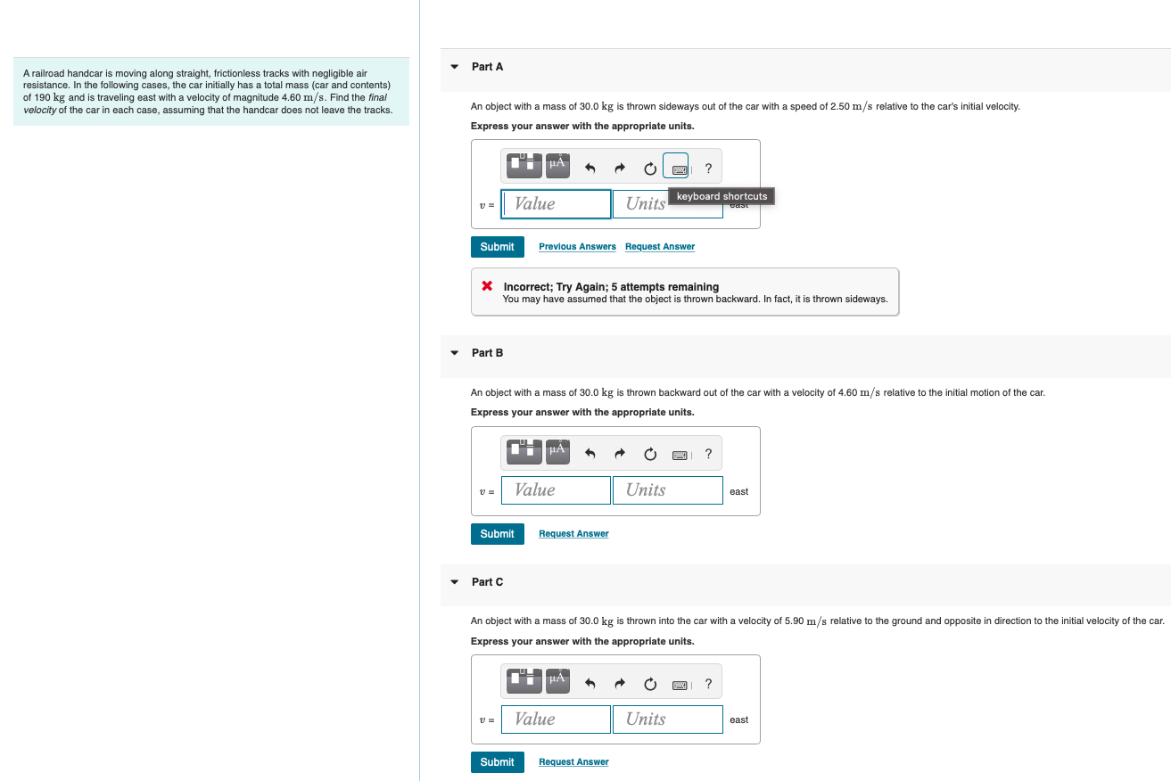 Solved A railroad handcar is moving along straight, | Chegg.com