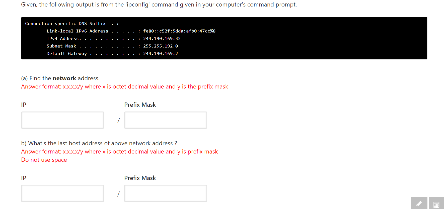 Solved Given, the following output is from the 'ipconfig' | Chegg.com