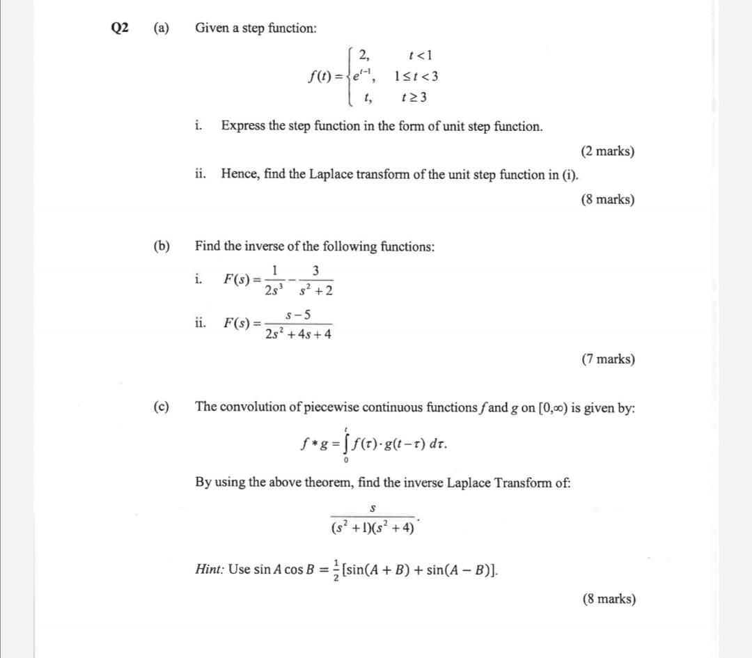 Solved Q2 (a) Given a step function: t