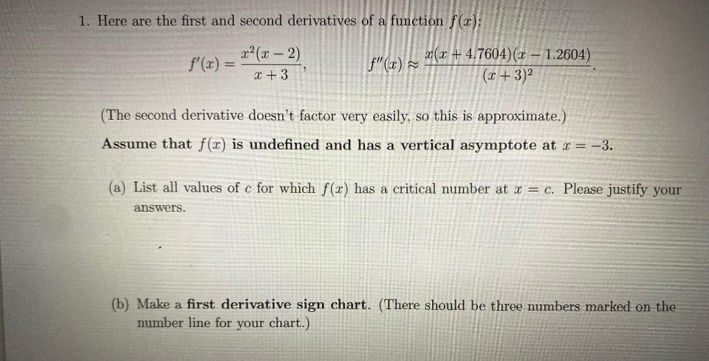 Solved 1. Here are the first and second derivatives of a | Chegg.com