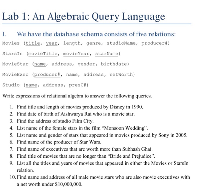 Solved Lab 1: An Algebraie Query Language I. We have the | Chegg.com