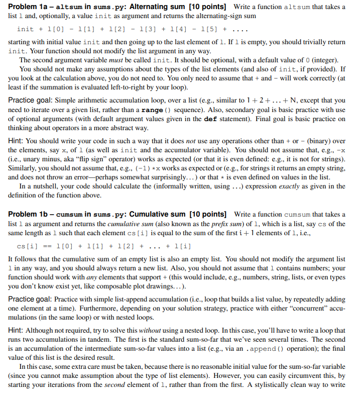 Solved Problem 1a - altsum in sums.py: Alternating sum [10 | Chegg.com