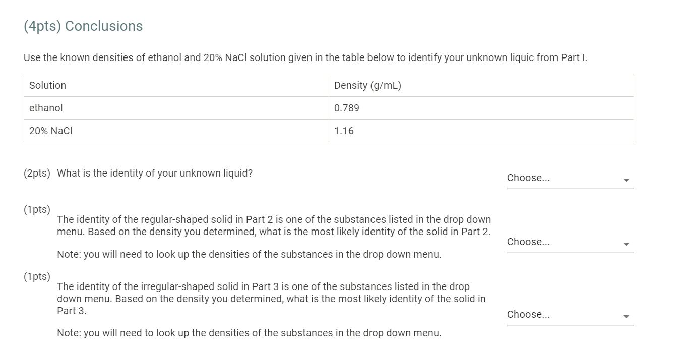 Solved Part 1 - Density of Unknown Liquid Table 1. Mass and | Chegg.com