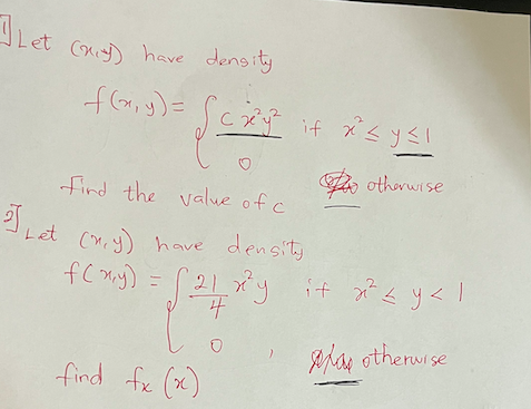 Solved 1Let (x,y) have density f(x,y)=∫0cx˙2y2 if x2≤y≤1 | Chegg.com