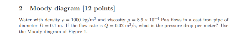 Solved Moody diagram Water with density ρ = 1000 kg/m3 | Chegg.com
