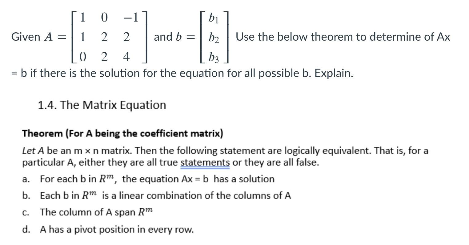 Solved 1 0 -1 bi Given A 1 2 2 and b = b2 1 Use the below | Chegg.com