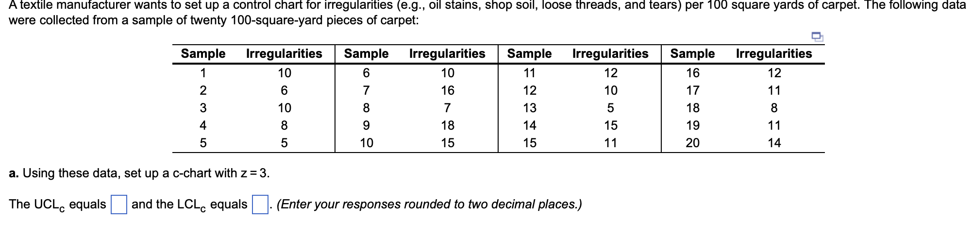 Solved a. Using these data, set up a c-chart with \\( z=3 | Chegg.com