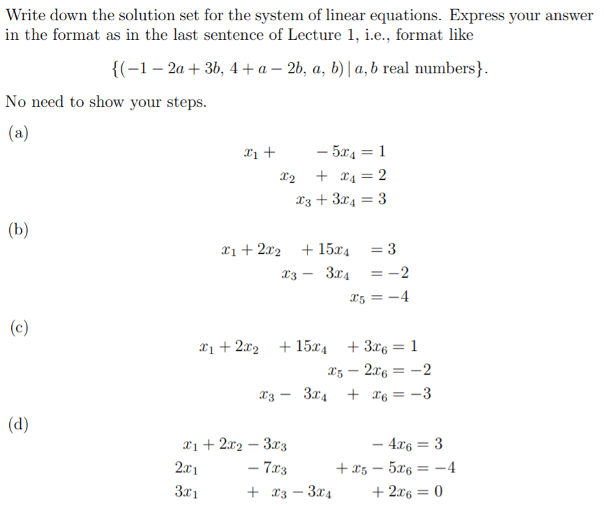 Solved Write down the solution set for the system of linear | Chegg.com