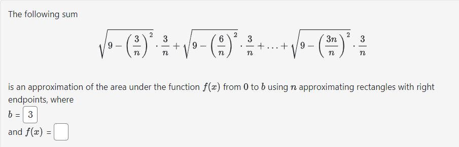 Solved The following sum 9−(n3)2⋅n3+9−(n6)2⋅n3+…+9−(n3n)2⋅n3 | Chegg.com